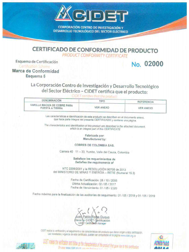 Certificado Cidet Retie Varillas 0200 | PDF