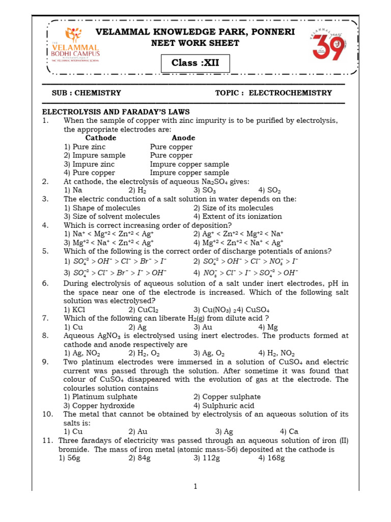 NEET Electrochemistry PYQ Worksheet | PDF | Electrochemistry | Physical ...
