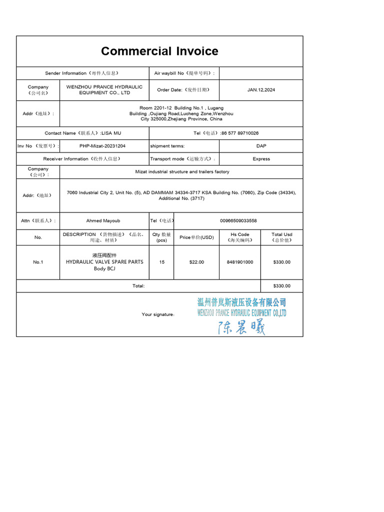 8-8 Commercial Invoice-15pcs For Body BCJ | PDF