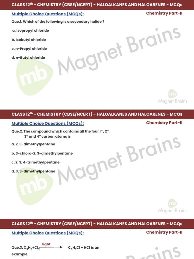 Class 12th - Unit - Haloalkanes and Haloarenes - Chemistry (MCQS) | PDF ...