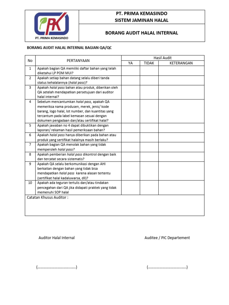 Audit Halal Internal PT Prima Kemasindo | PDF | Bisnis