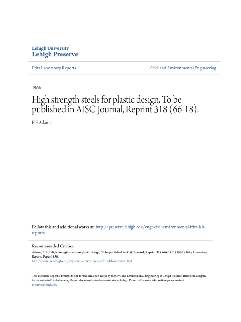 High Strength Steels For Plastic Design, To Be Published in AISC ...