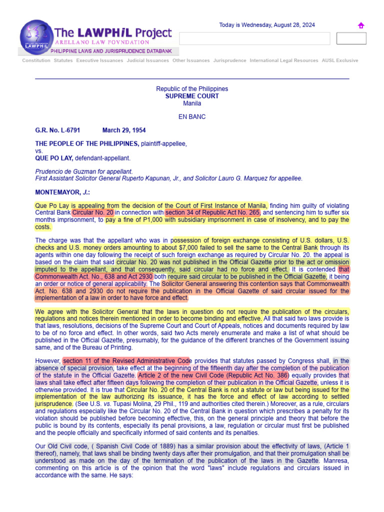 The People of The Philippines vs. Que Po Lay G.R. No. L-6791, March | PDF | Appeal | Common Law