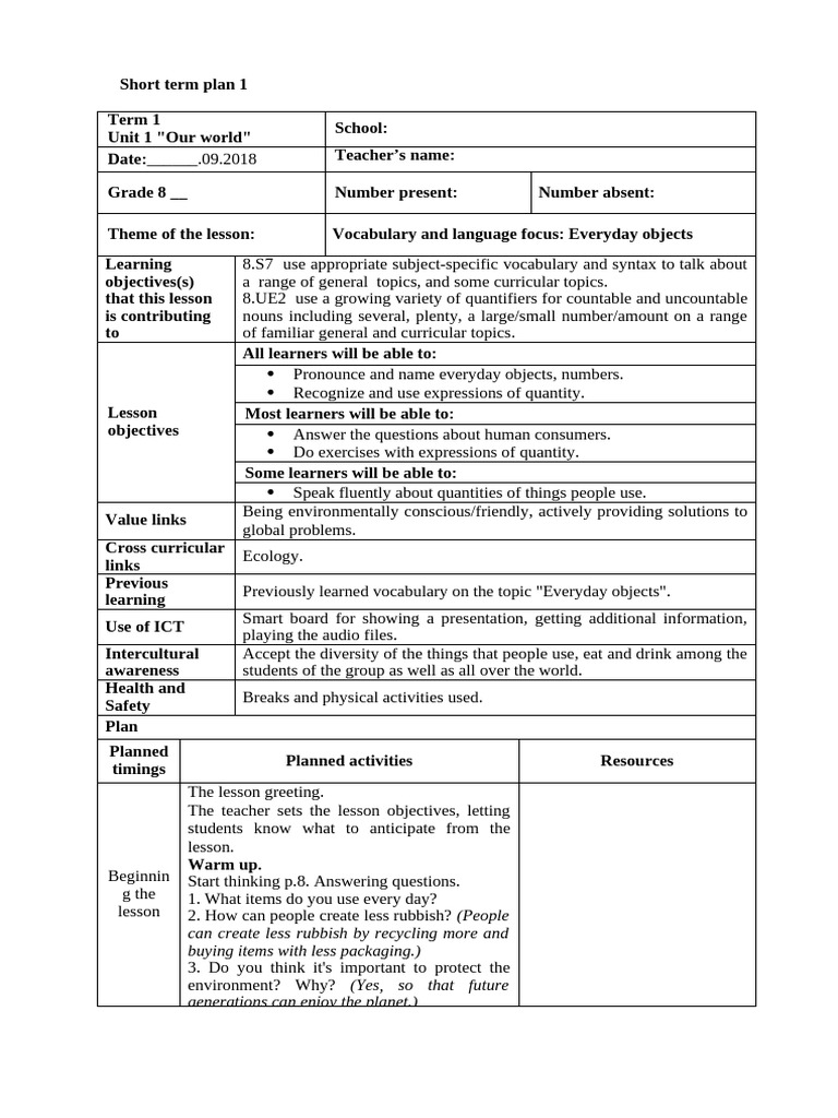 Grade 8 Lesson Plans: Everyday Objects | PDF | Learning | Vocabulary
