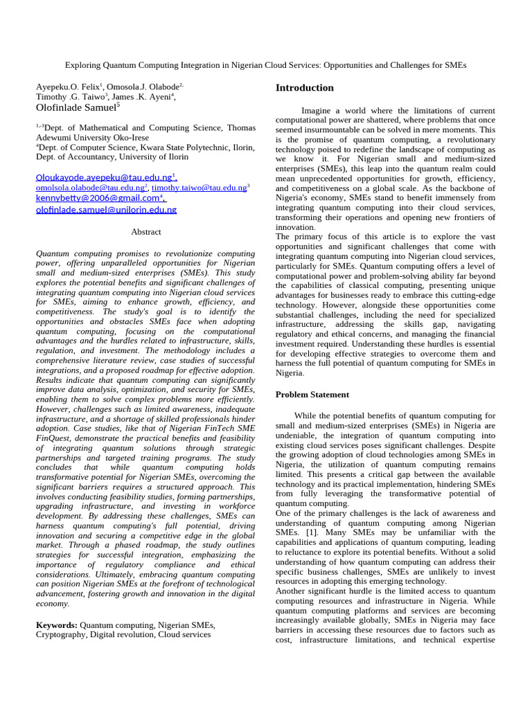 Exploring Quantum Computing Integration In Nigerian Cloud Services Pdf Computing Quantum