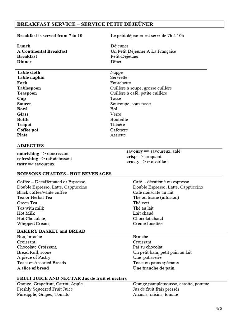 Breakfast Service Vocabulary Guide | PDF | Food And Drink Preparation ...