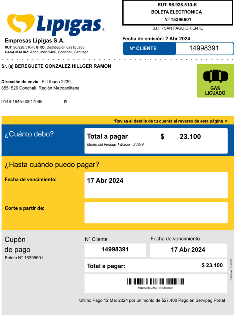 Boleta Electrónica Lipigas: Pago y Vencimiento | PDF