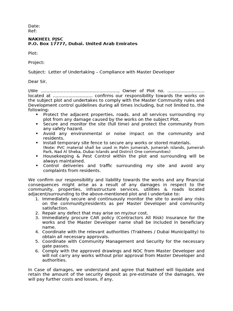 Letter of Undertaking - Compliance With Master Developer | PDF | Dubai