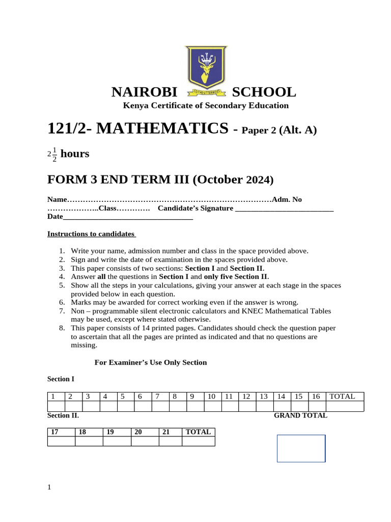 121/2-MATHEMATICS: Nairobi School | PDF | Taxes | Circle