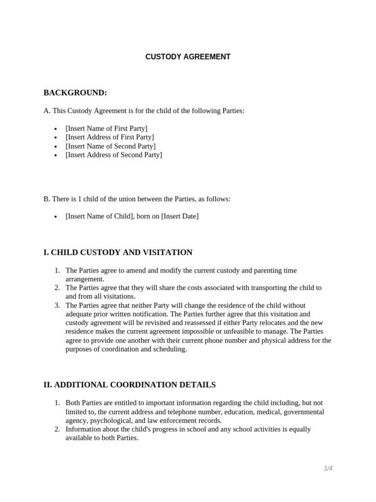 Custody Agreement Pdf Child Custody Contact Law