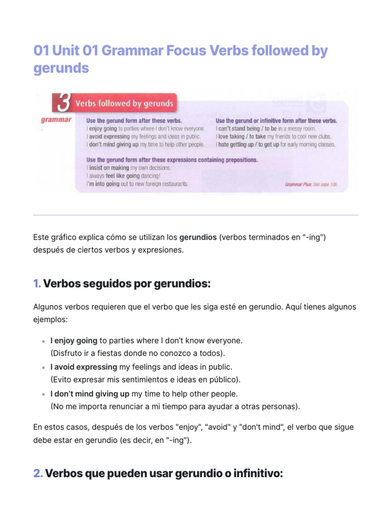 Unit 01 Grammar Focus # 01 Verbs Followed by Gerunds | PDF ...