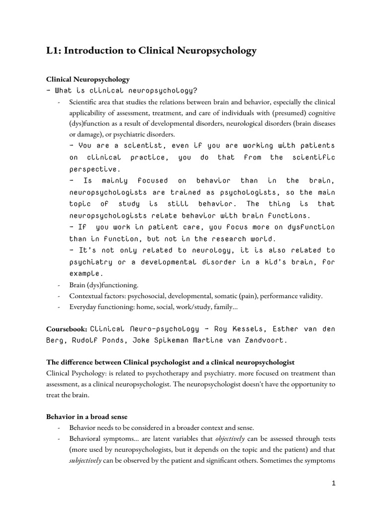 L1 - Introduction To Clinical Neuropsychology | PDF | Neuropsychology ... L1 - Introduction To Clinical Neuropsychology | PDF | Neuropsychology ...