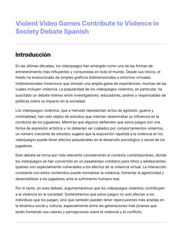 Violent Video Games Contribute To Violence in Society Debate Spanish ...