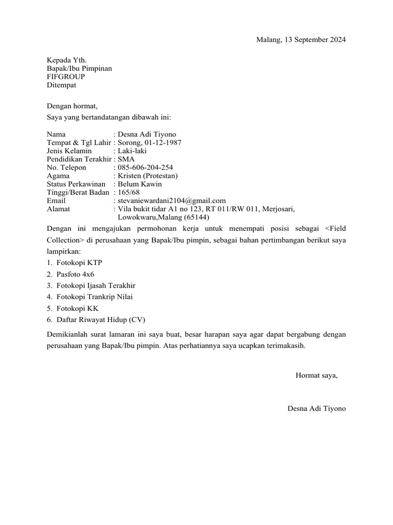 Lamaran Kerja Desna Adi Tiyono | PDF | Kesehatan Holistik