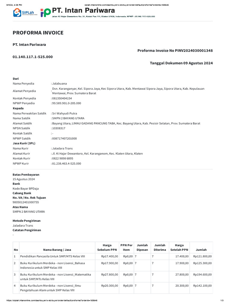 SMP 2 Bayang Utarae Invoice | PDF