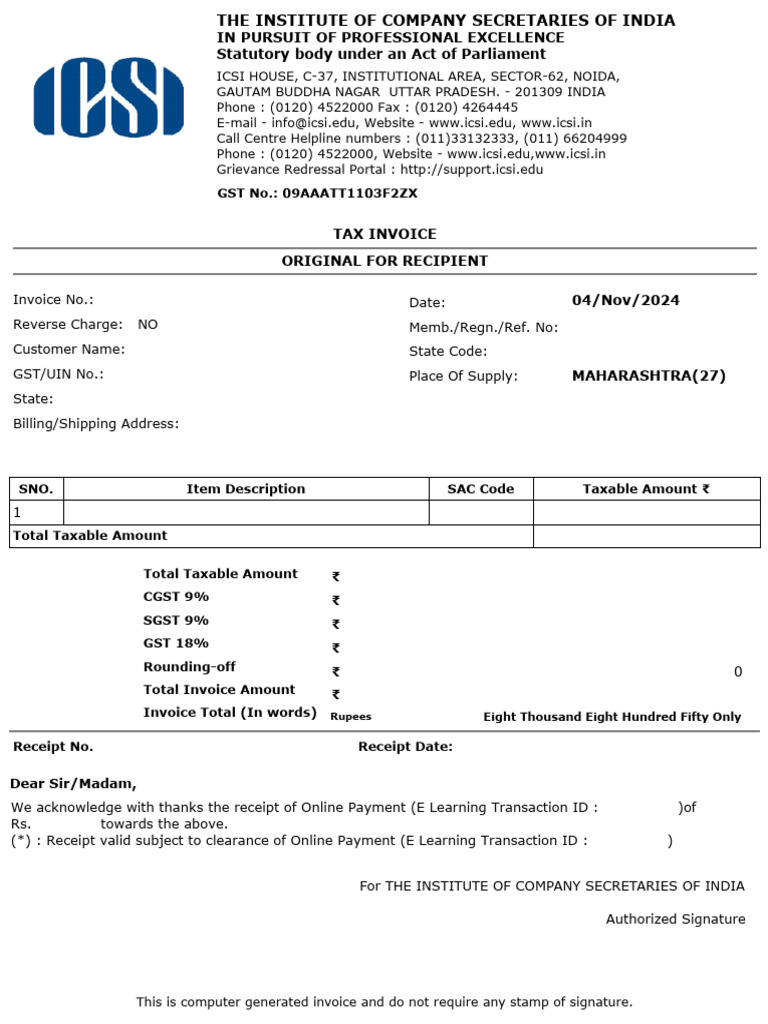 ICSI Tax Invoice for ESG Course | PDF | Receipt | Taxation