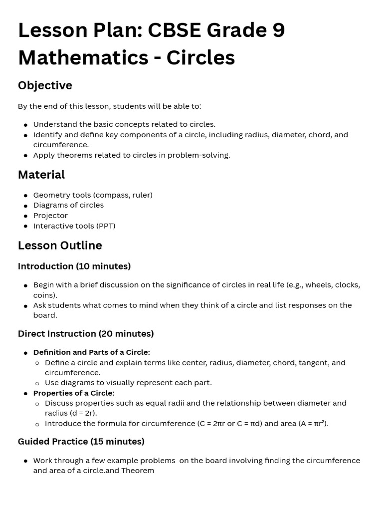 Circles Lesson Plan for Class 9 Maths | PDF | Circle | Area