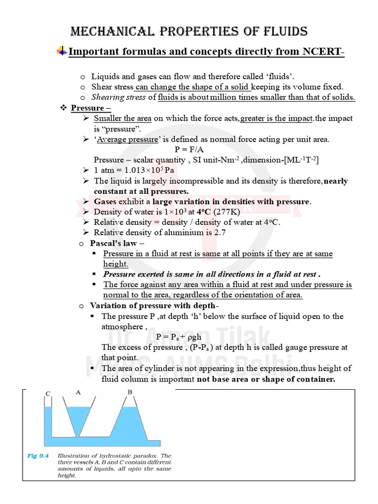 Fluid Mechanics: Key Concepts & Formulas | PDF | Pressure | Viscosity