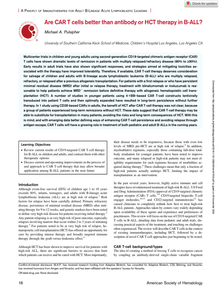 Are CAR T Cells Better Than Antibody or HCT Therapy in B-ALL | PDF ...