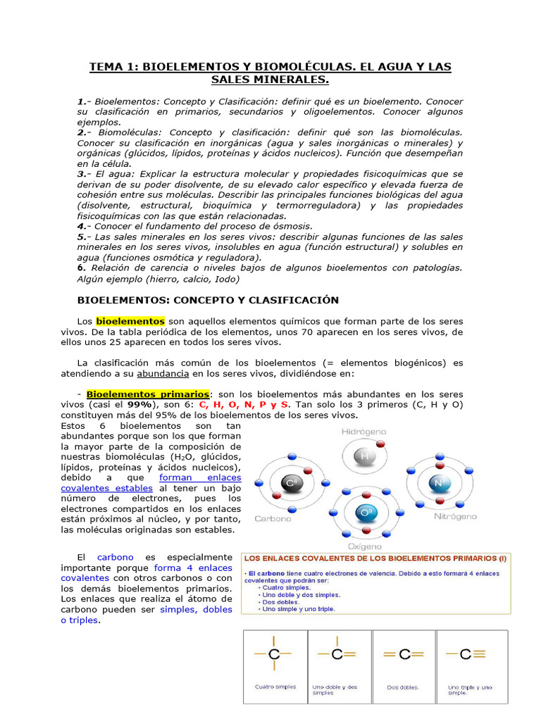 Tema 1 Bioelementos y Biomoléculas | PDF | Polaridad química | Propiedades del agua