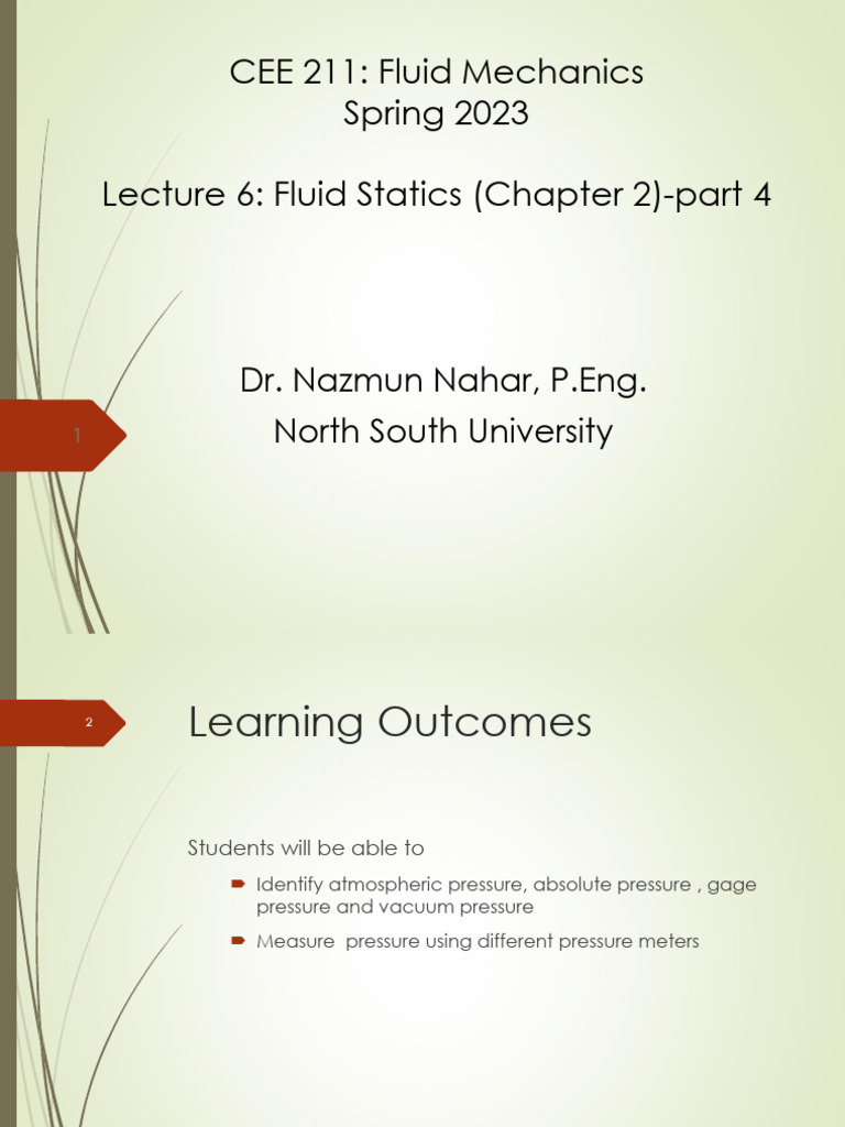 Lec6 - Fluid Statics - Spring 2023 | PDF | Pressure Measurement | Pressure