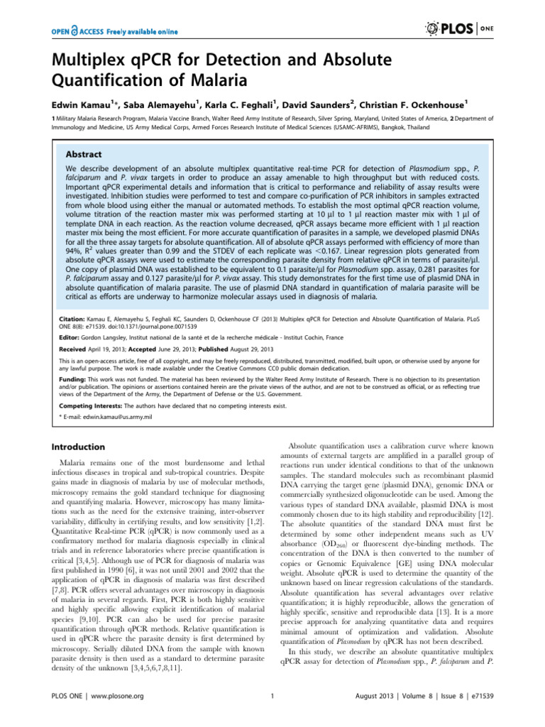 Multiplex QPCR For Detection and Absolute Quantification of Malaria ...