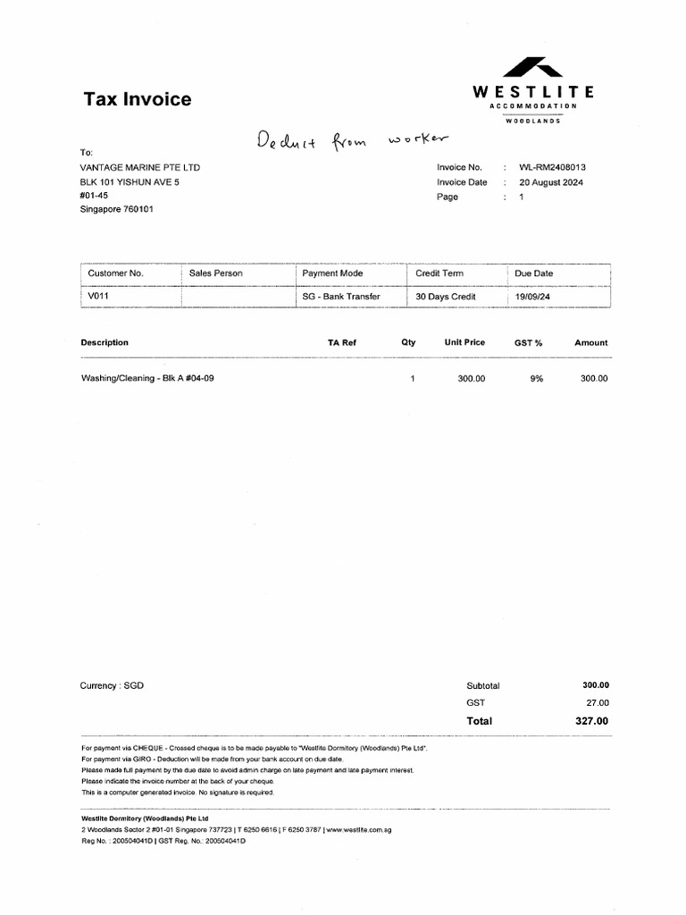 04-09 Washing Invoice 29aug24 $327 (Deduct From Worker) - 1 | PDF