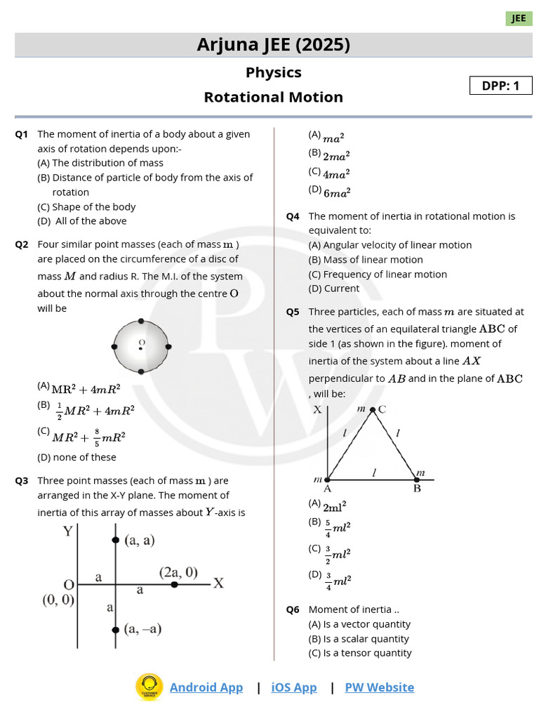 Rotational Motion - DPP 01 - Arjuna JEE 2025 | PDF | Rotation Around A Fixed Axis | Mechanical ...
