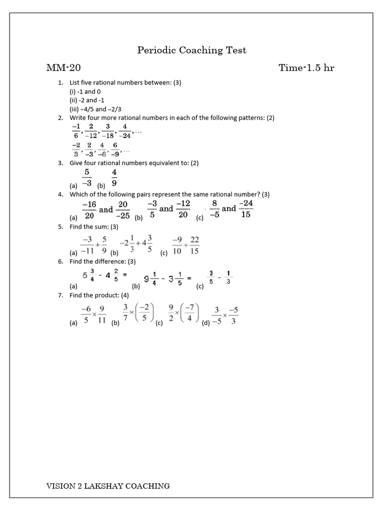 Rational Numbers Coaching Test | PDF