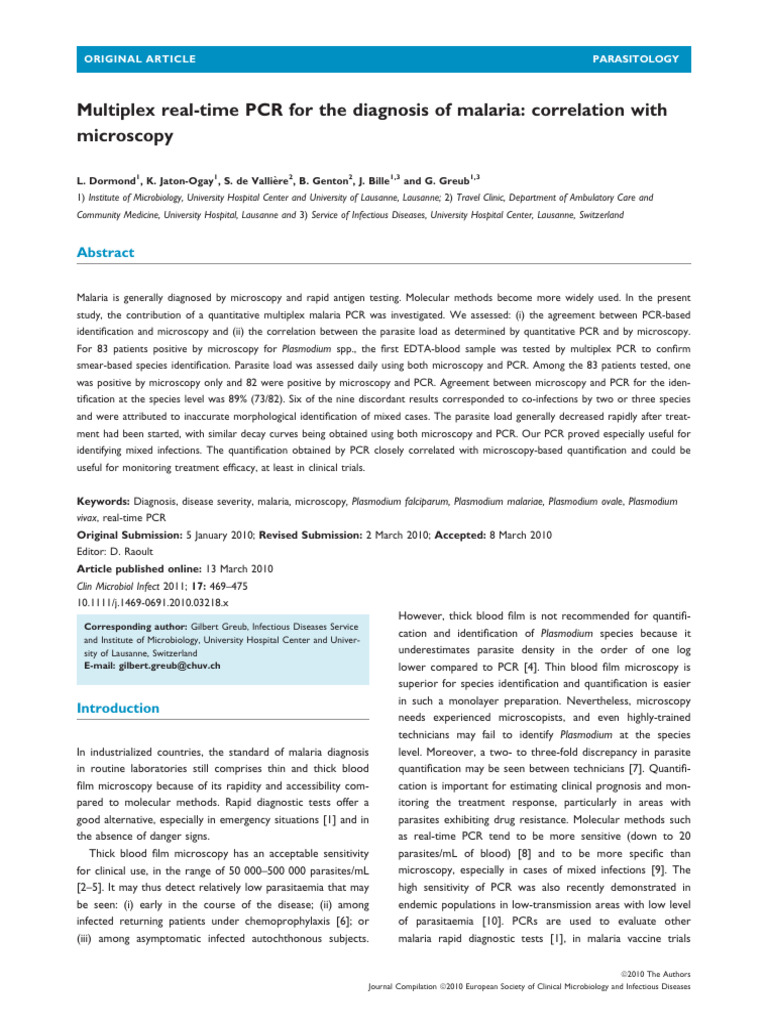 Multiplex Real-Time PCR For The Diagnosis of Malaria Correlation With ...