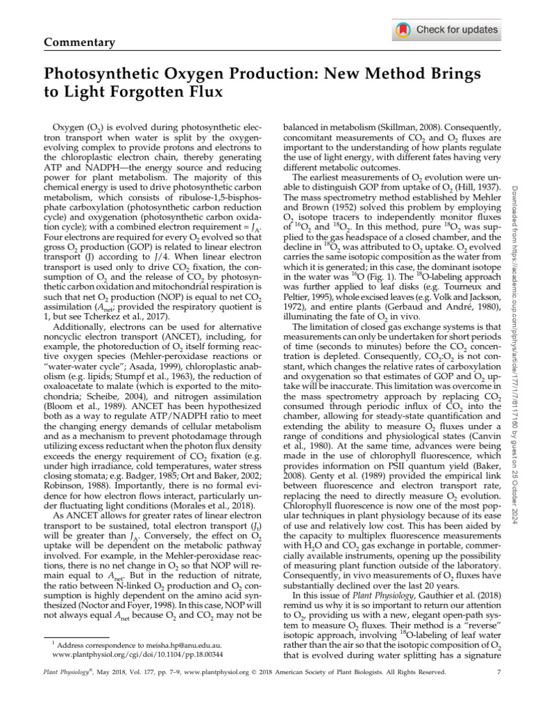 Oxygen Production in Photoynthesis | PDF | Photosynthesis | Metabolism