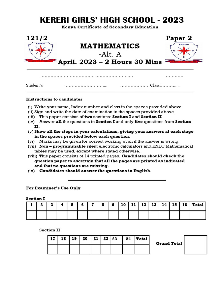 Kereri Girls High School Math Exam 2023 | PDF | Area | Mean