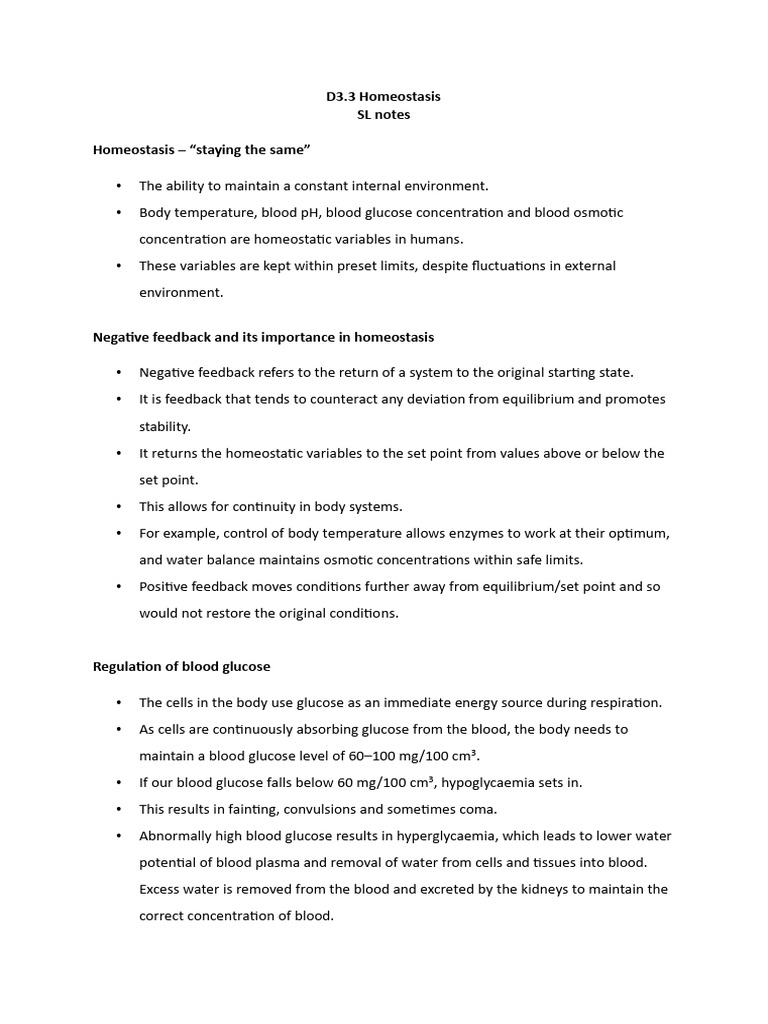 D3.3 SL Homeostasis Notes | PDF | Homeostasis | Insulin