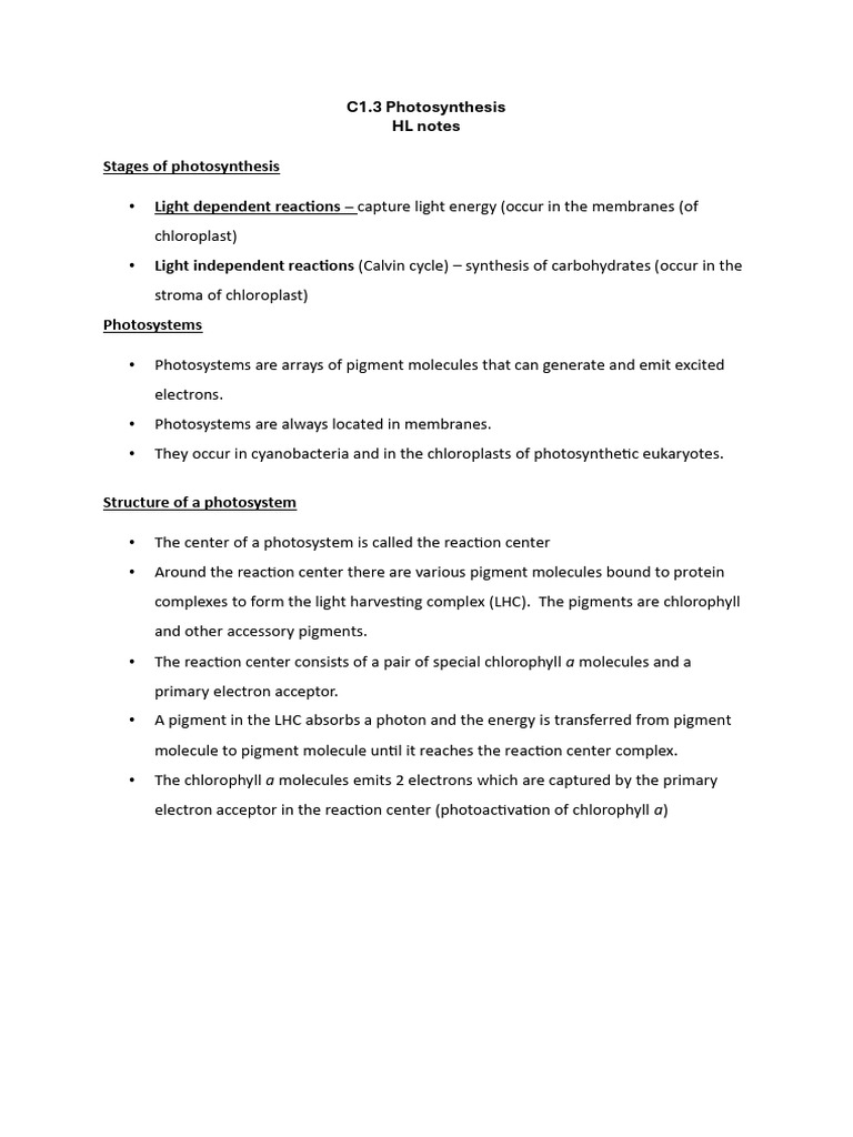 C1.3 Photosynthesis HL | PDF | Photosynthesis | Chlorophyll