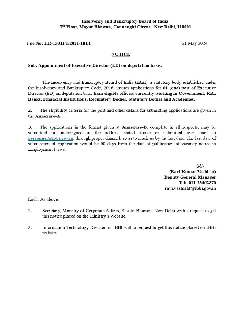 IBBI Executive Director Appointment Notice | PDF | Bankruptcy | Justice