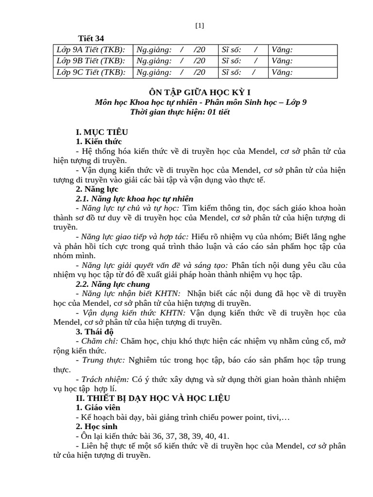 Ôn Tập Giữa Học Kỳ I-khtn9 (p.thúy) (s.song) | PDF