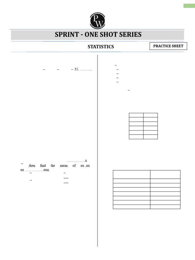 Practice Sheet 12. Statistics Maths SPRINT-OnE SHORT Dimple Ma'Am ...