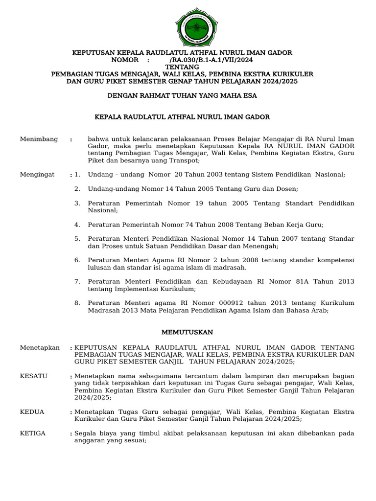 SK Pembagian Tugas 2024-2025 Sem I | PDF