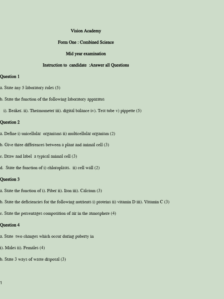 Form 1 Combined Science Exam Guide | PDF