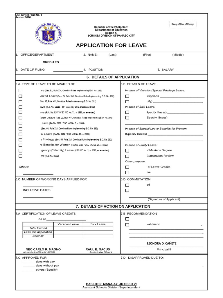 DepEd Panabo - CS Form No. 6 Revised 2020 | PDF | Parental Leave | Sick ...