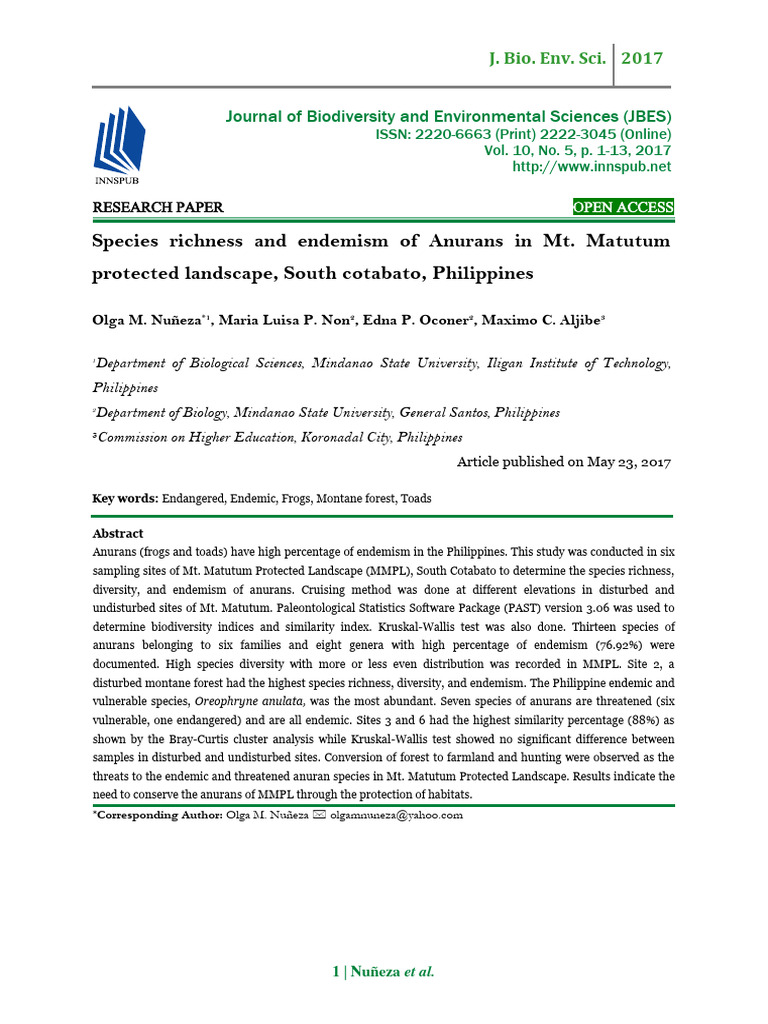 Species Richness and Endemism of Anurans | PDF | Biodiversity | Habitat