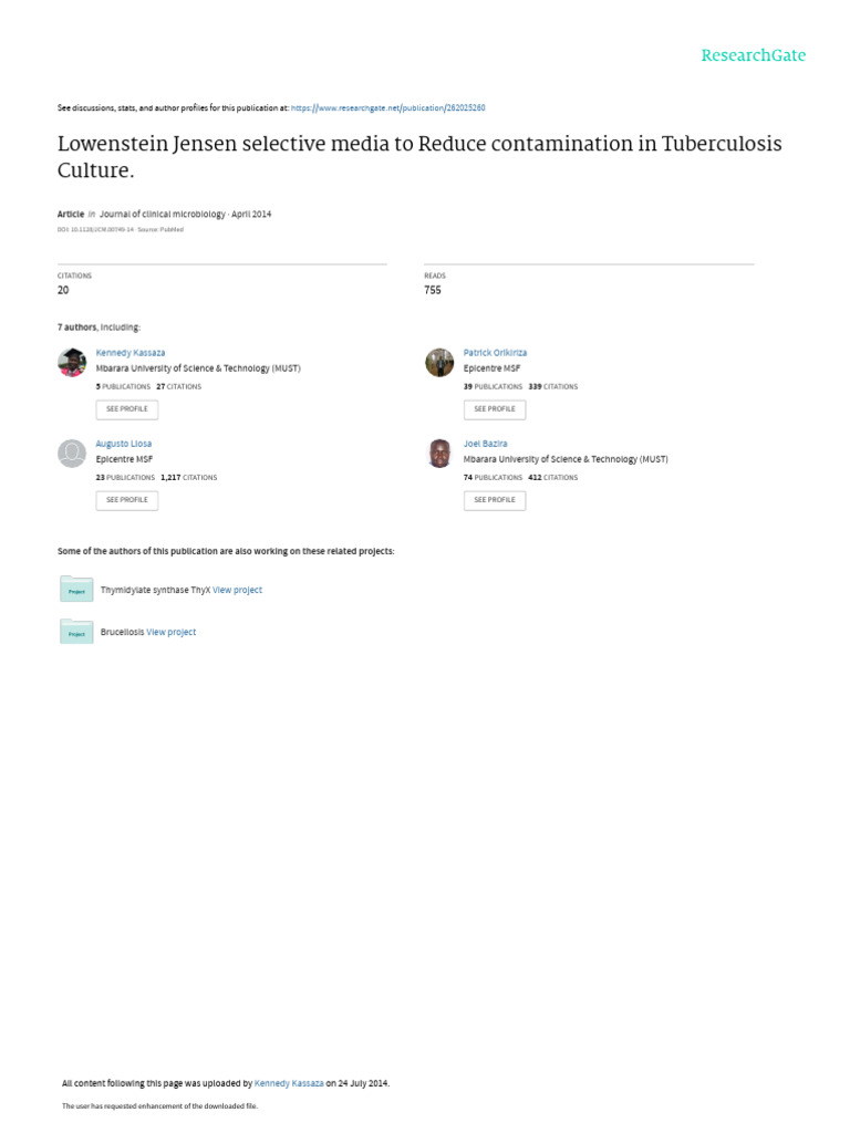 Lowenstein Jensen Selective Media To Reduce Contamination in Tuberculosis Culture. | PDF