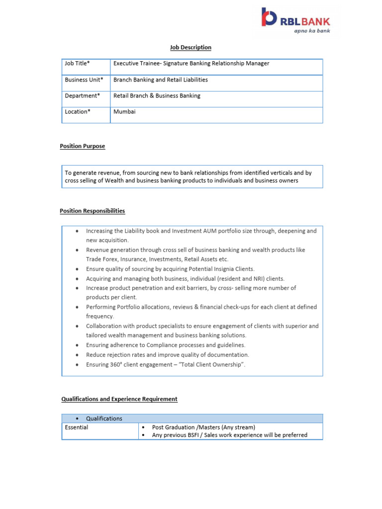 RBL Bank - Executive Trainee - Signatue Banking | PDF