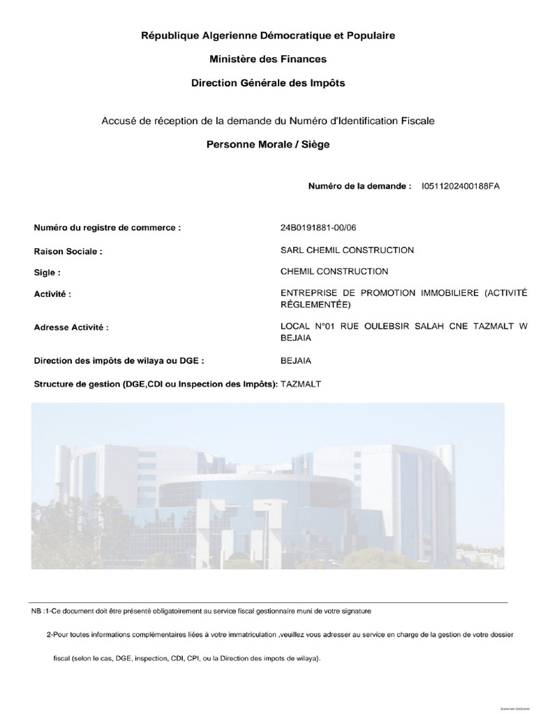 Accuse de Reception Sarl Chemil Construction | PDF