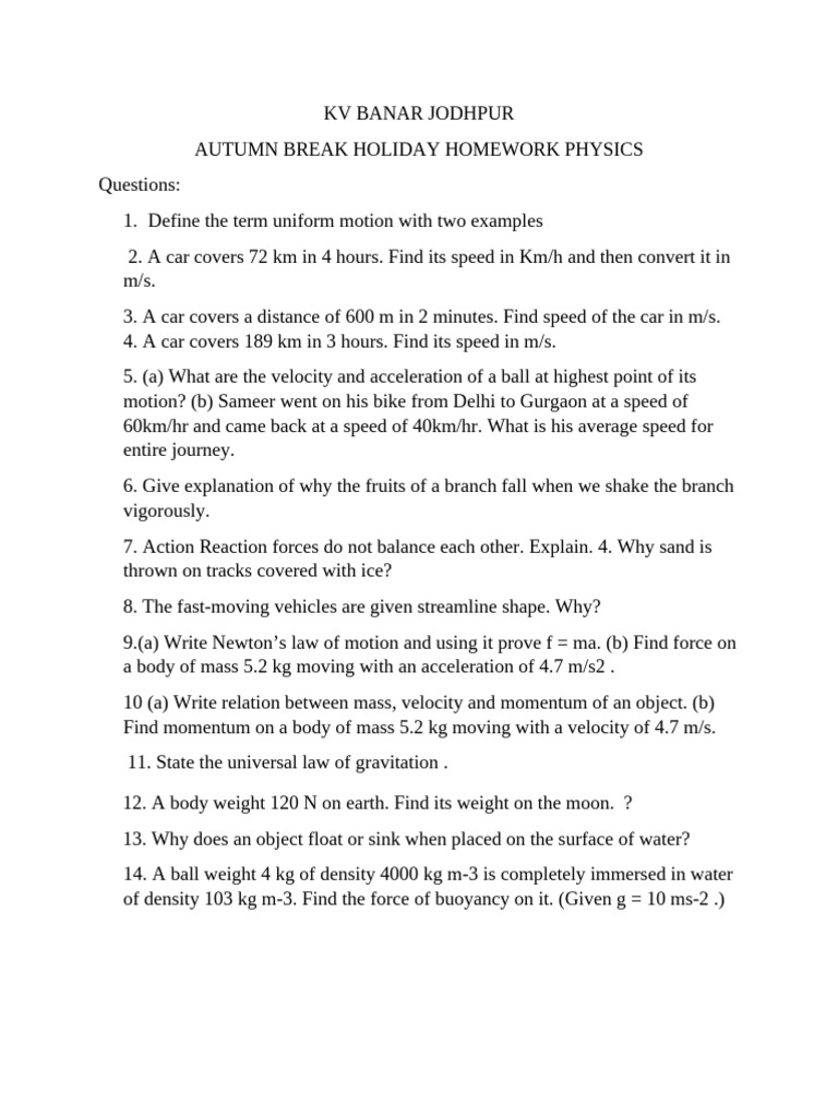 Autumn Break Homework Physics Ix | PDF