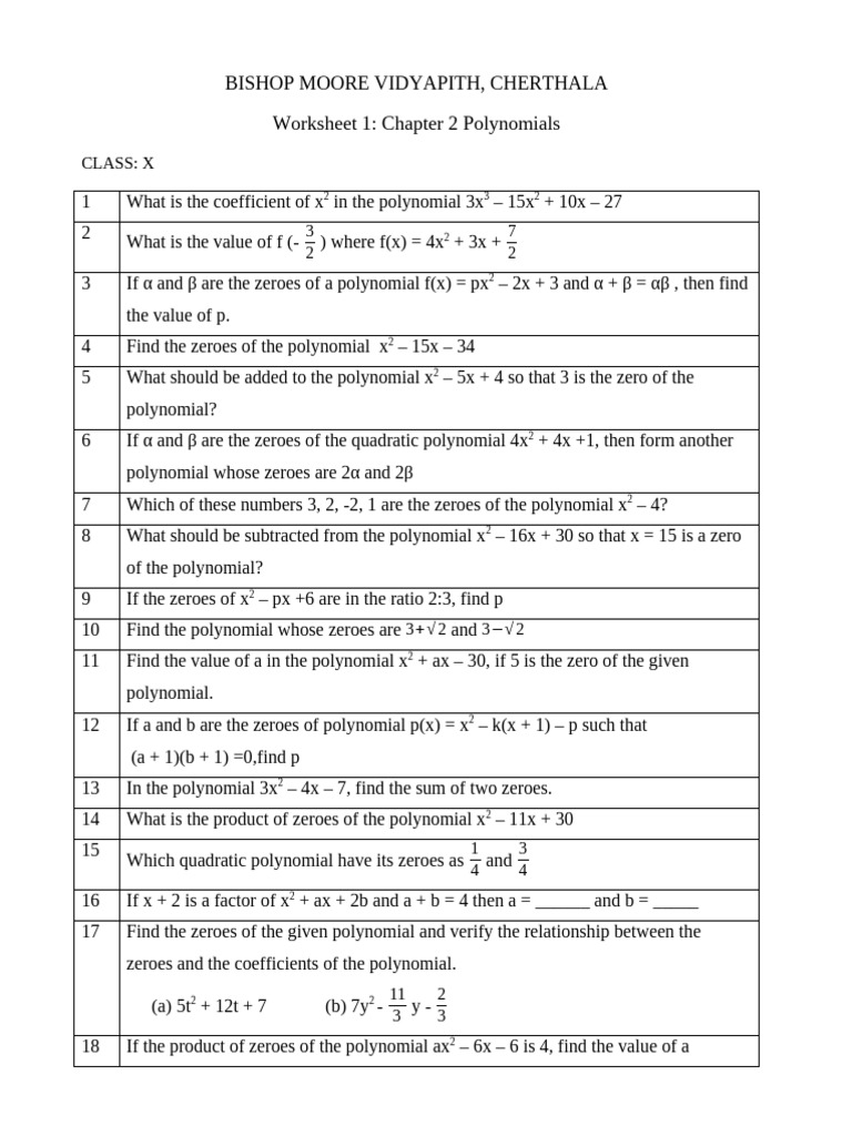 Worksheet Chapter 2 Polynomials | PDF | Polynomial | Zero Of A Function