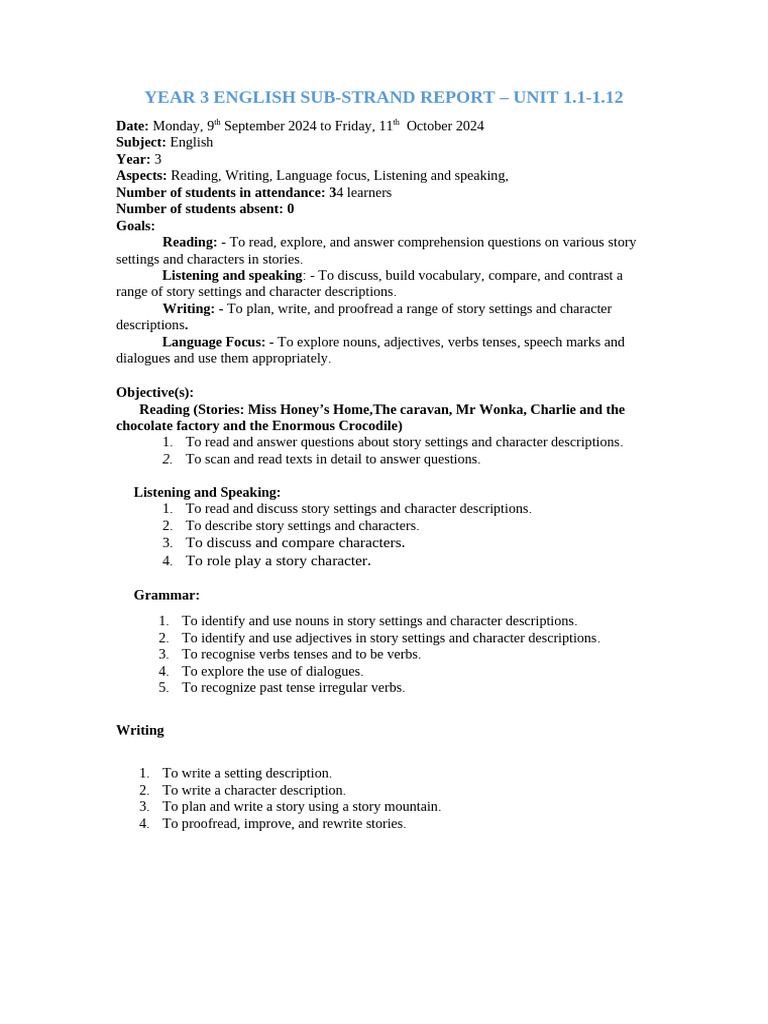 Year 3 English Unit 1 Sub-Strand | PDF | English Language | Verb