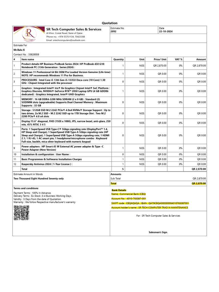 Quotation 2092 22 10 24 MR - Balu HPPB450G10 I513thGen 16GB 512SSD ...