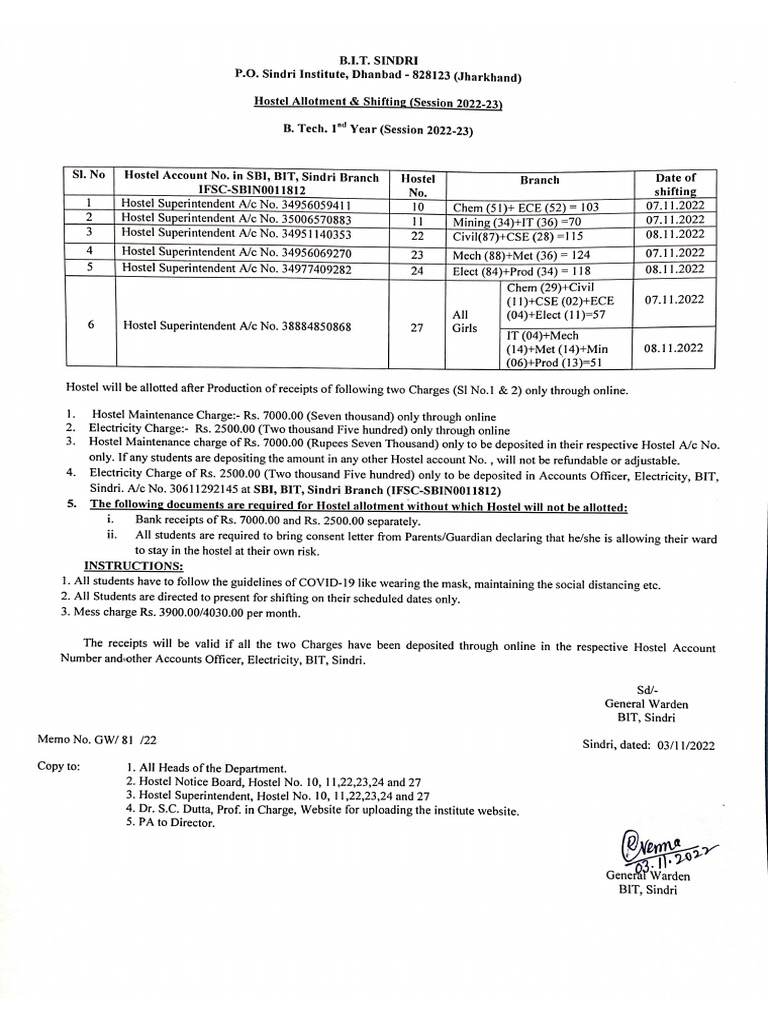 Hostel Shifting 1st Yr 2022-23 | PDF