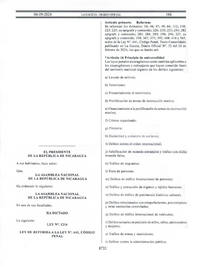 Ley N°. 1216, Ley de Reforma A La Ley #641, Código Penal | PDF